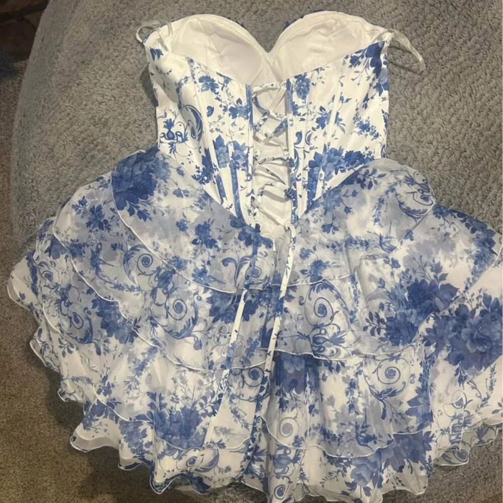 Stacees | Dresses | Aline Cowl Neck Blue Floral Print Strapless Laceup ...
